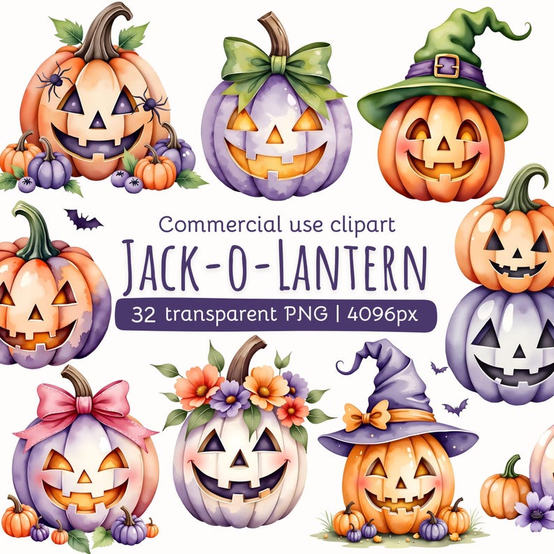 Watercolor Jack-o'-lantern Clipart: Kawaii Halloween Pumpkin PNG ...