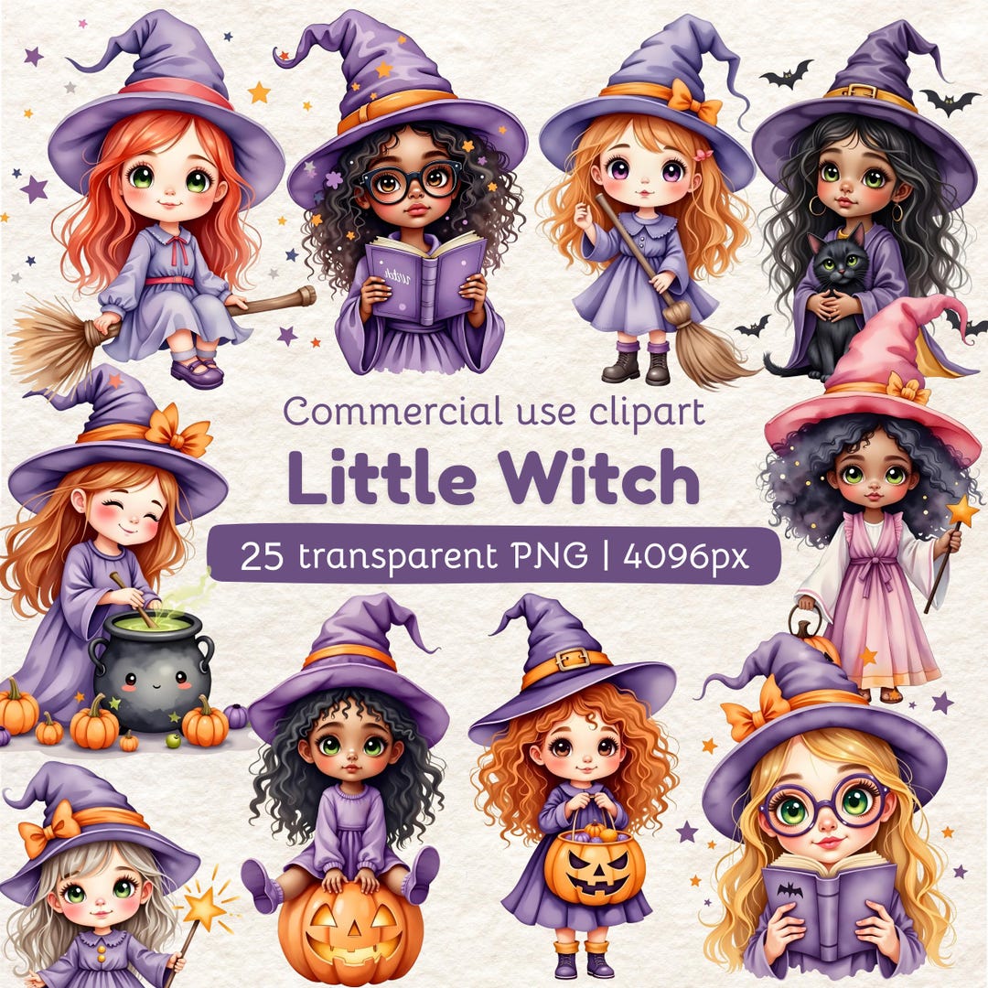 Watercolor Little Witch Clipart: Halloween Girls, Spooky Season PNG ...