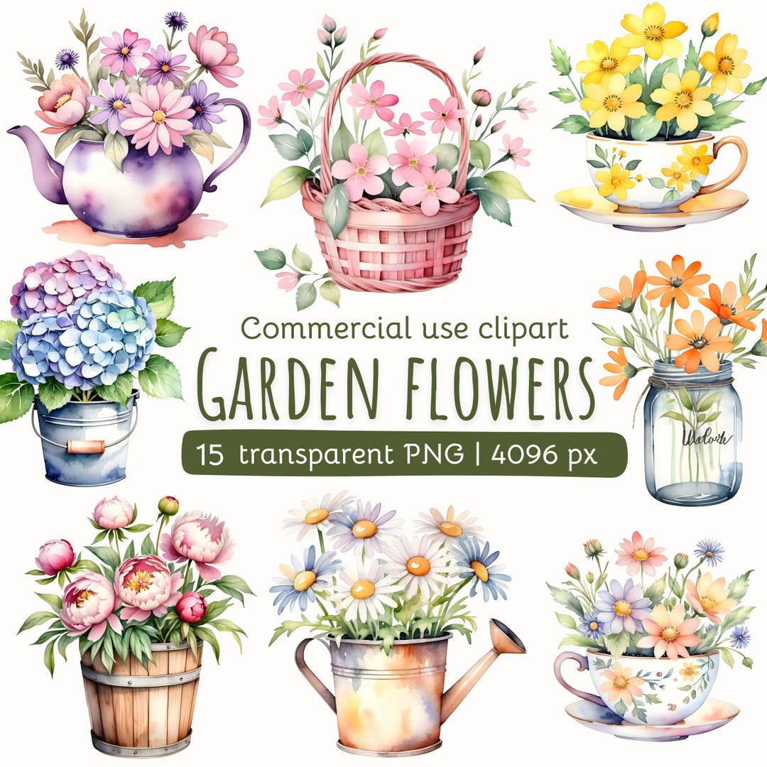 Garden Flowers Clipart | Watercolor Flowers | Floral PNG | Potted ...