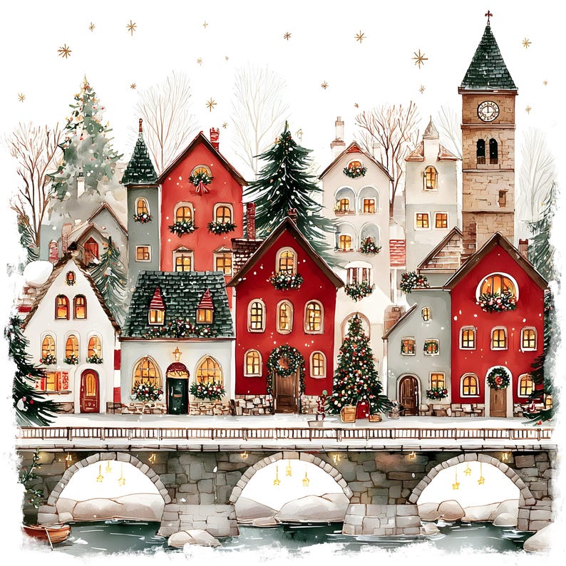 Watercolor Christmas Town Clipart: 20 Winter Village Jpgs (digital ...