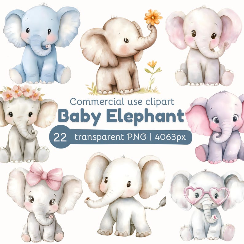 Watercolor Baby Elephant Clipart | Watercolor Animals | Cute Animal PNG ...