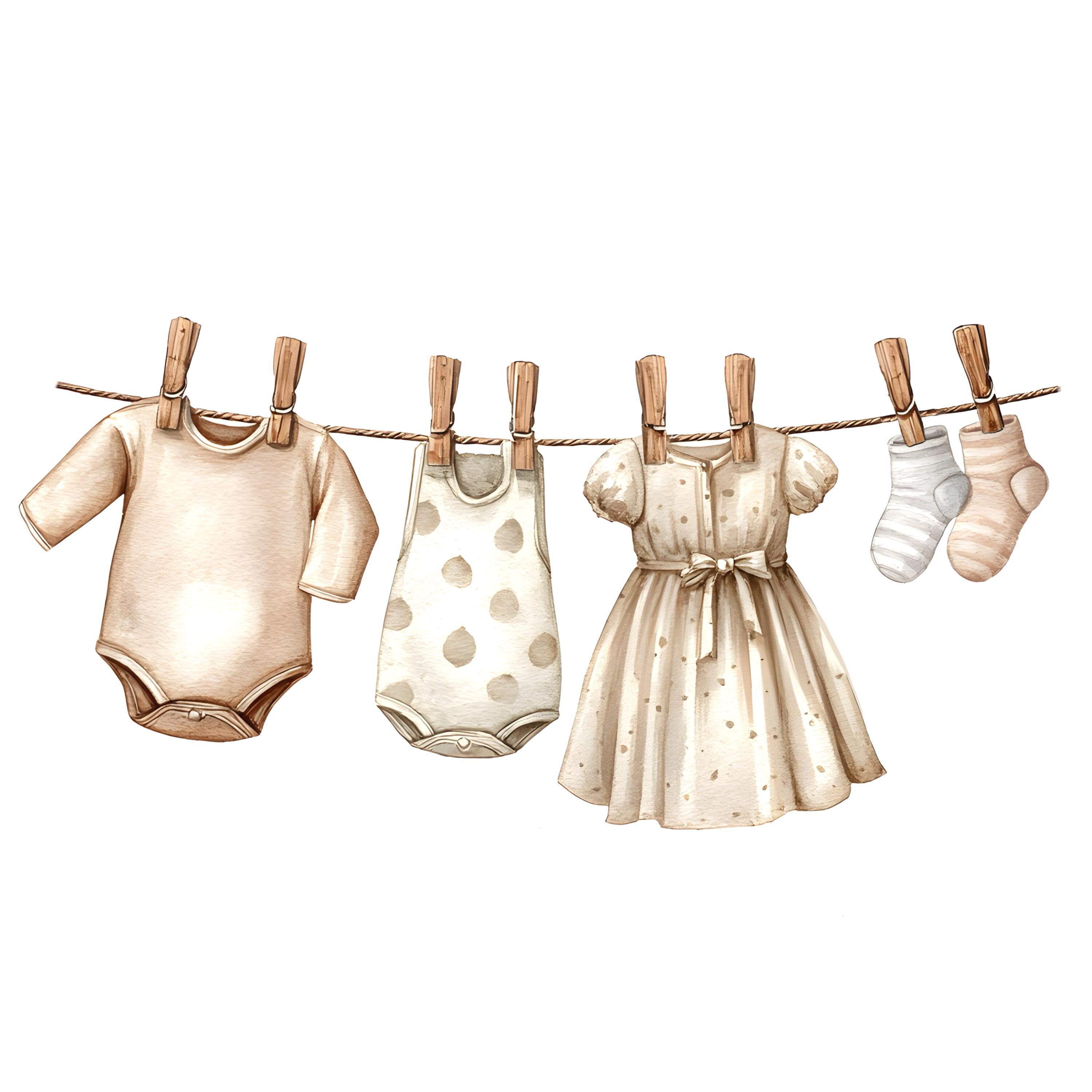 Baby Clothesline | 20 Watercolor 1st Birthday Clipart, Neutral Onesies ...