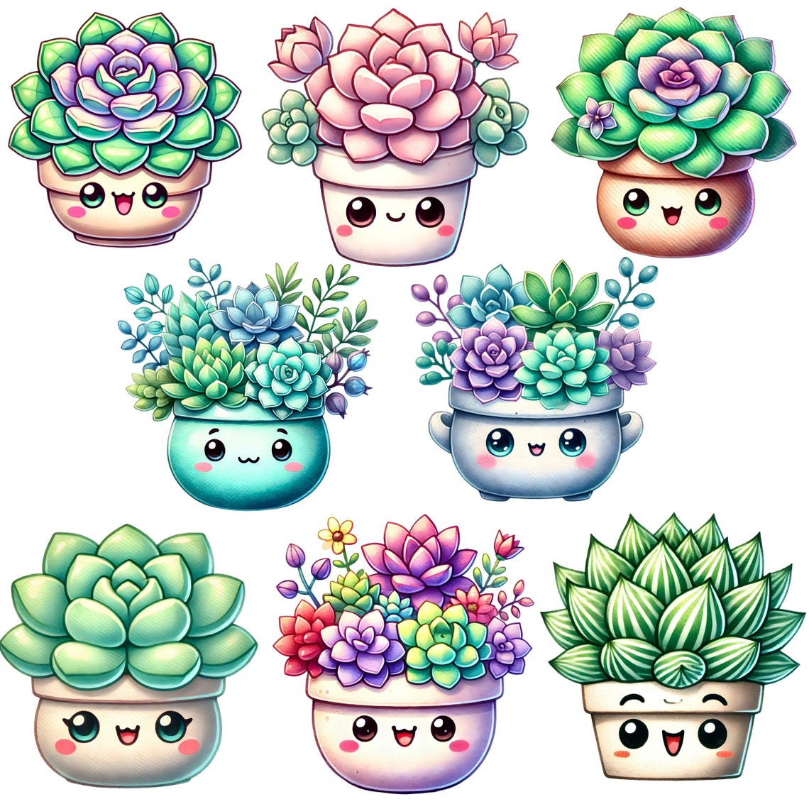Kawaii Succulent Clipart: Watercolor Potted Plants PNG (commercial ...