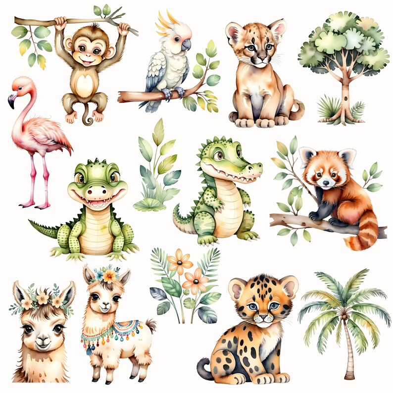Watercolor Jungle Animals Clipart: Rainforest PNG Images (commercial ...