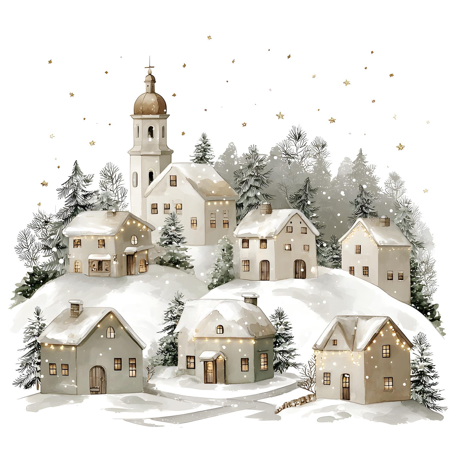 Winter Beige Village Clipart: 20 Watercolor Christmas Town Jpgs ...