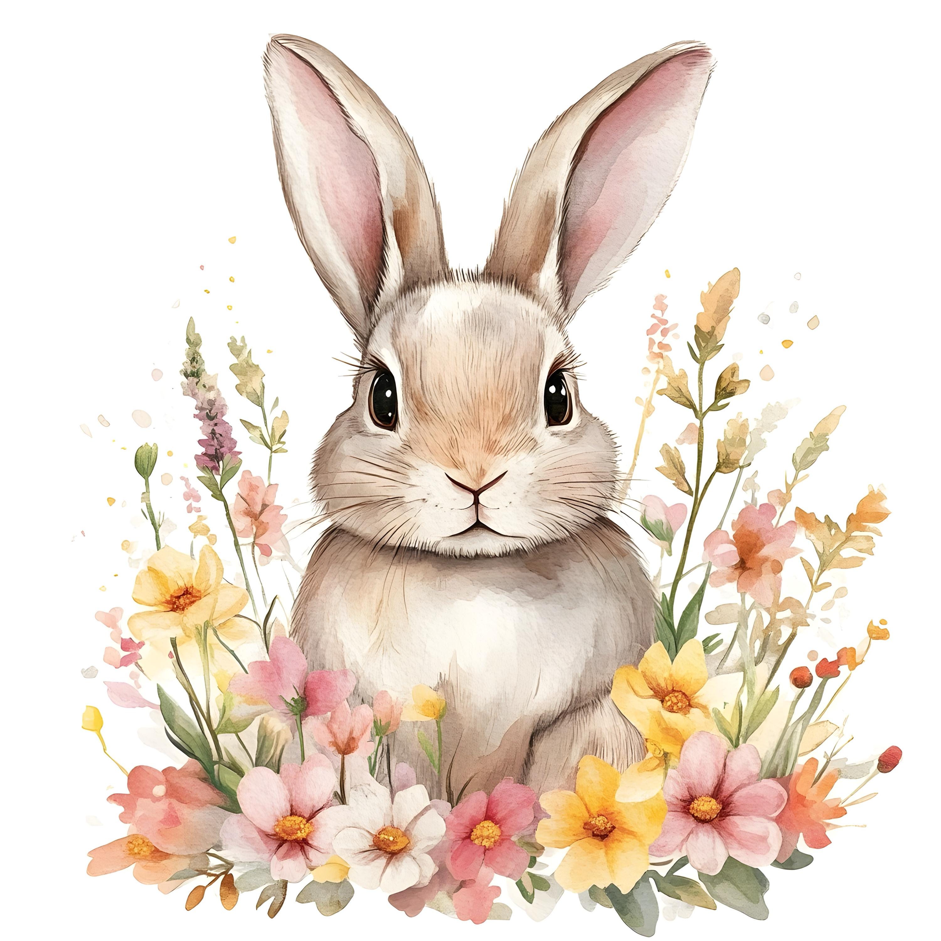 Spring Bunny Clipart: 22 Watercolor Rabbit With Flowers Digital ...