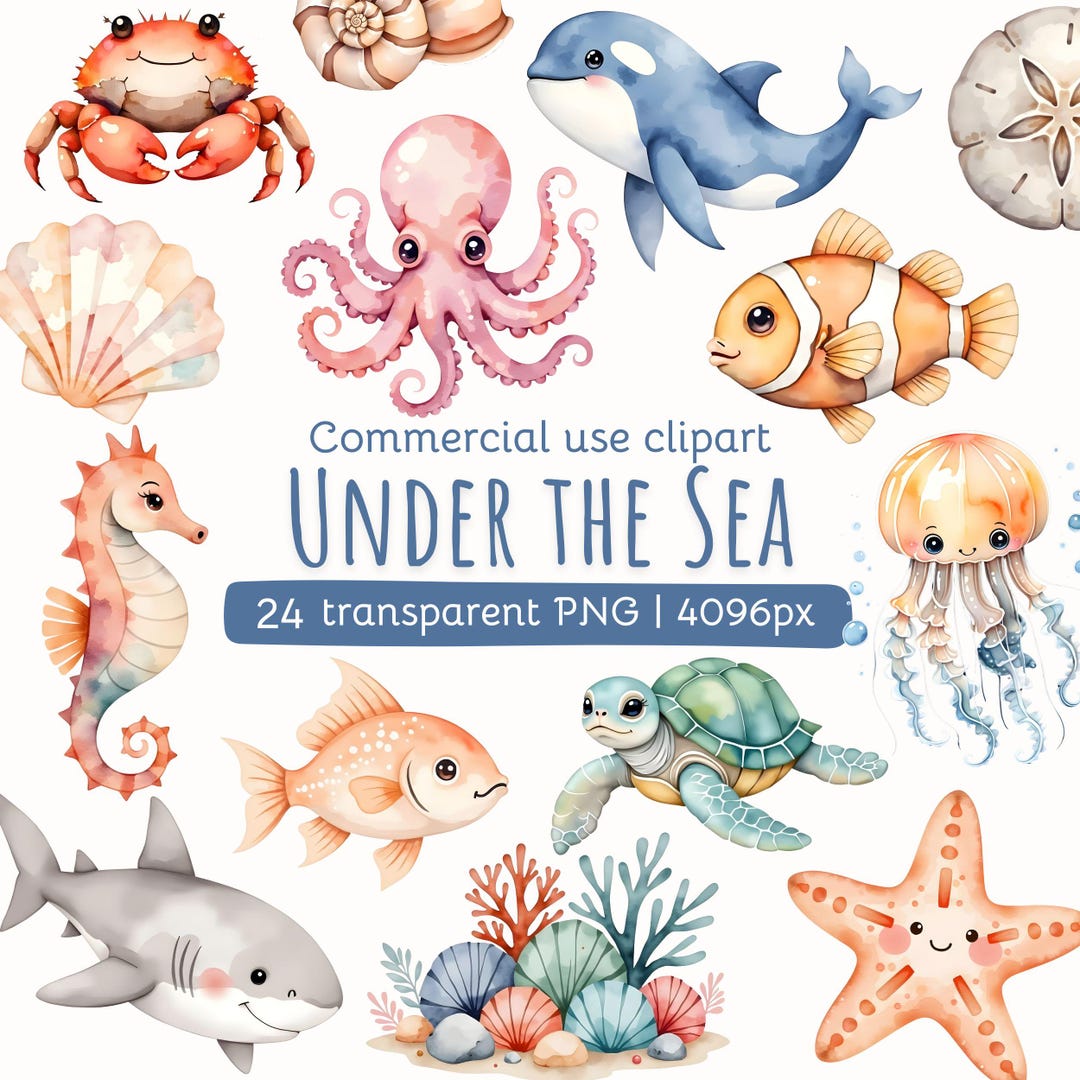 Watercolor Sea Animals Clipart: Ocean Nursery Art (PNG, JPEG ...
