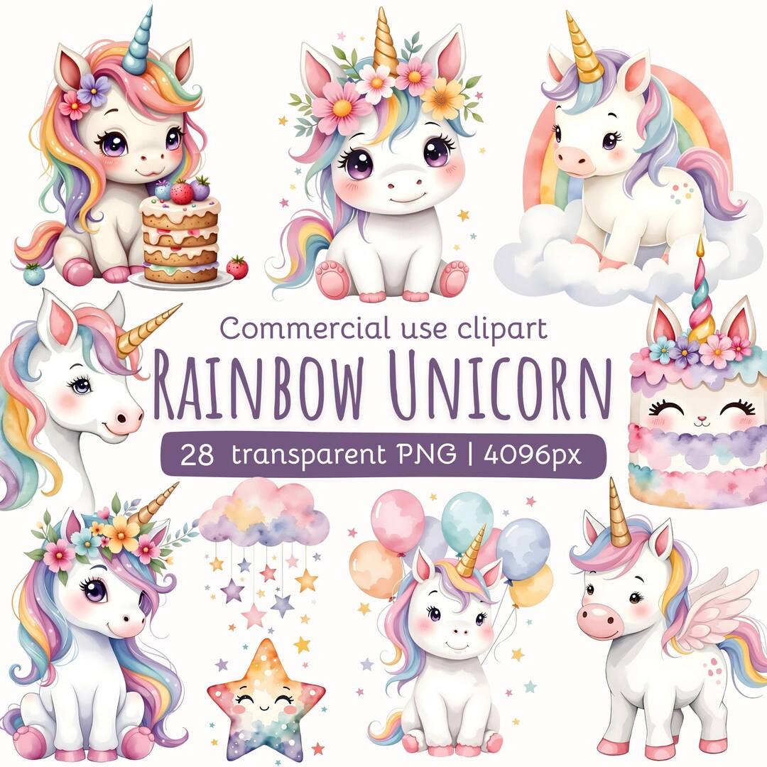Watercolor Rainbow Unicorn Clipart: Baby Shower, Birthday (PNG Digital ...