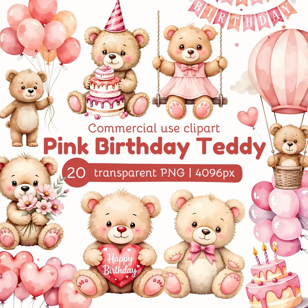 Teddy Bear Birthday Clipart: Pink Watercolor Teddy, Baby Shower PNG ...