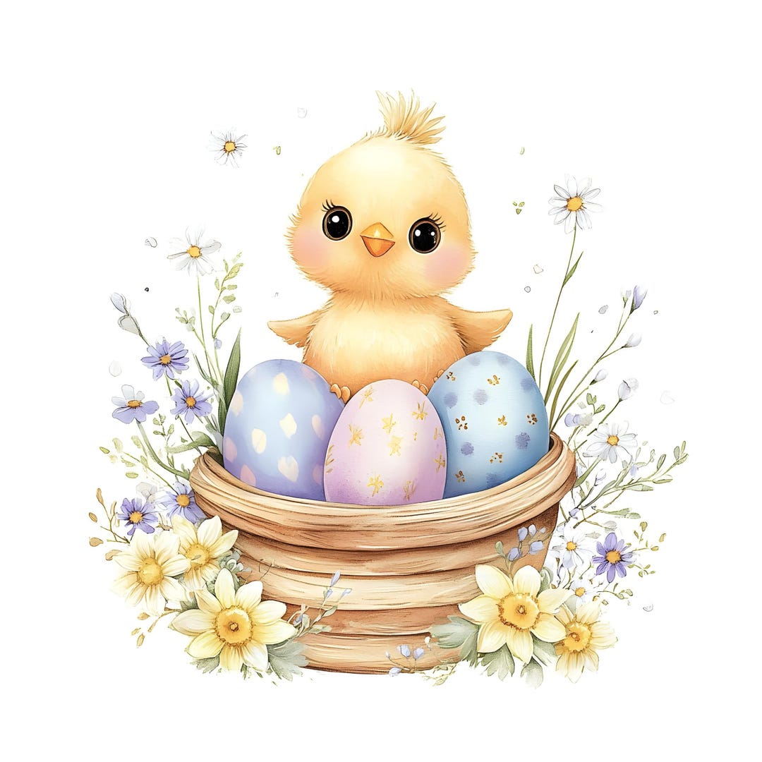 Easter Chick With Eggs Clipart: 20 Watercolor Easter Eggs, JPG Digital ...