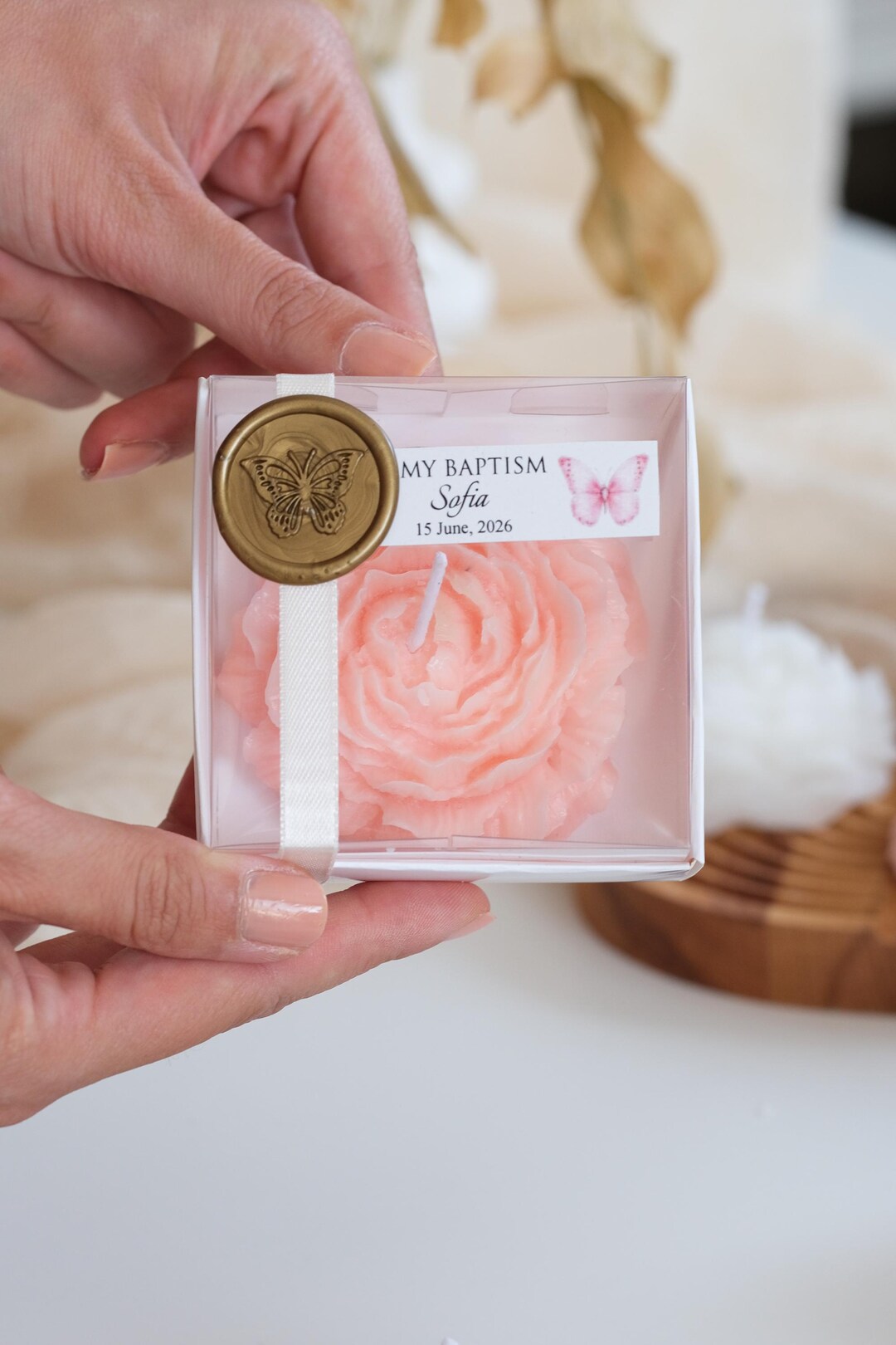 Personalized Bulk Peony Candle Favors for Church Events: Baptism Candle ...