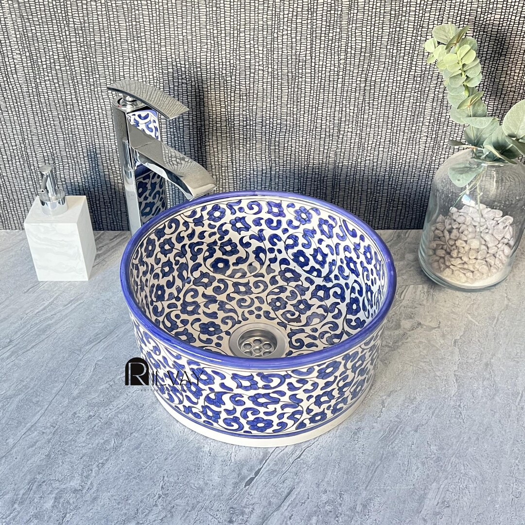 Charming Blue Ceramic Vessel Sink - Handcrafted for Bathroom Countertop ...