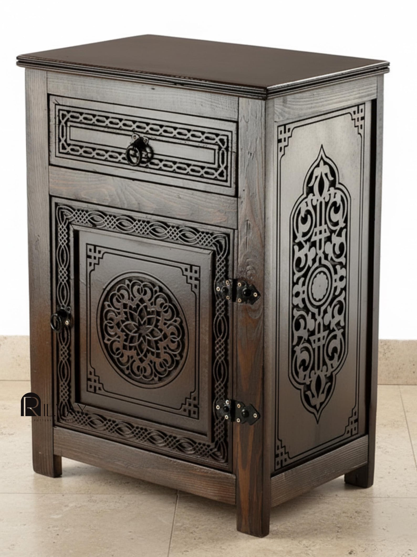 Moroccan Bedside Table With Drawer: Handmade Wooden Nightstand, Carved ...