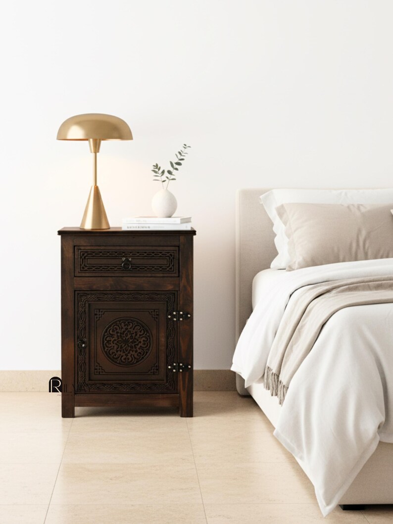 Moroccan Bedside Table With Drawer: Handmade Wooden Nightstand, Carved ...