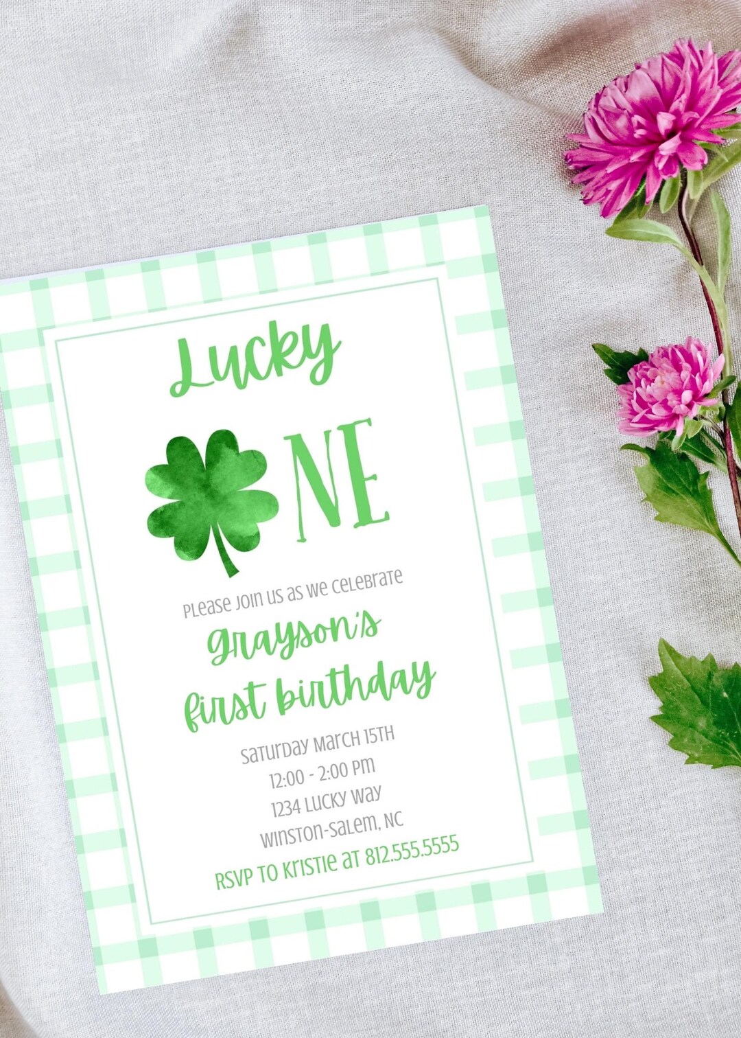Gingham Four Leaf Clover First Birthday Invitation (digital Download ...
