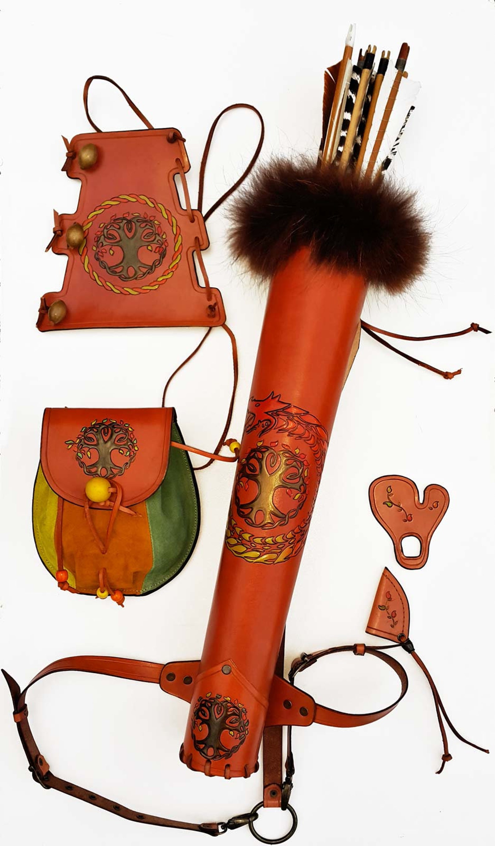 Archery Leather Set of A Hand Tooled Quiver Arm Guard and a - Etsy