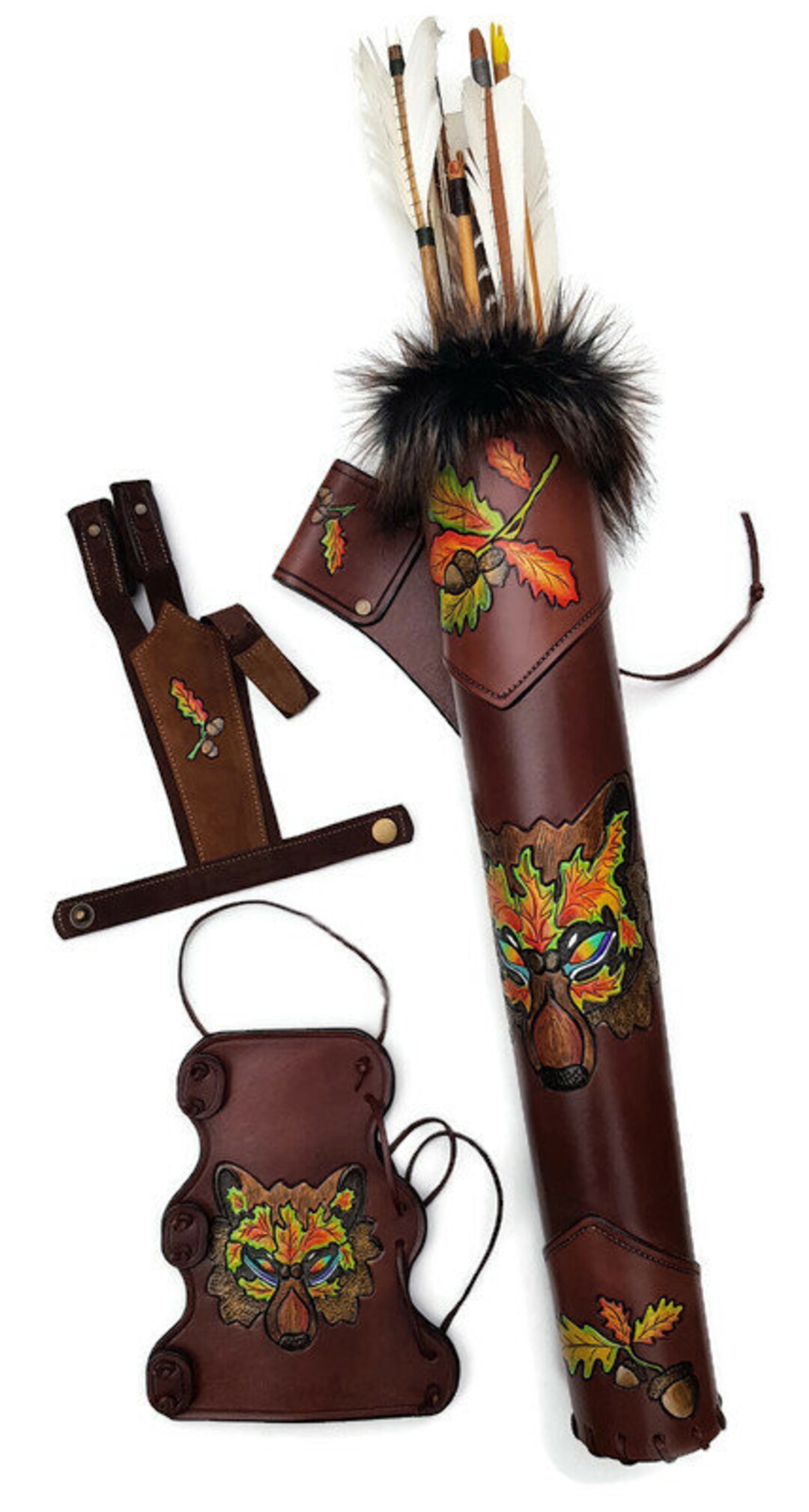 Archery Set of A Hand Tooled Leather Quiver, Arm Guard and A Shooting ...