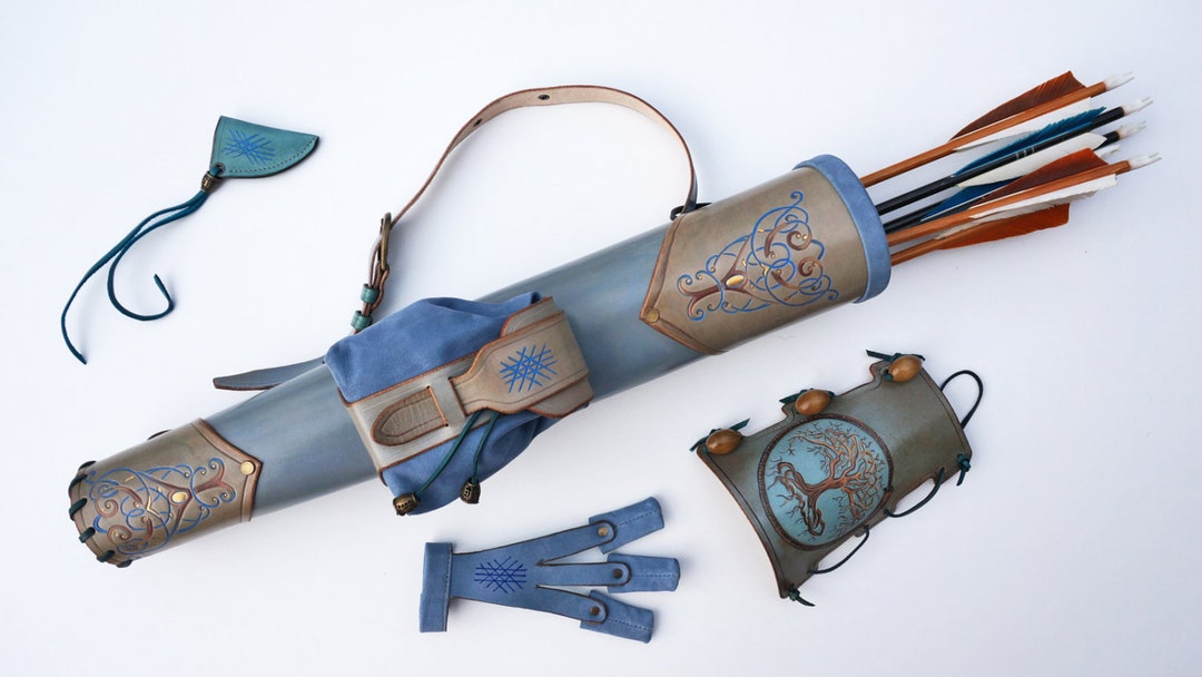 Archery Leather Set of A Hand Tooled Quiver, A Detachable Pouch, an Arm ...