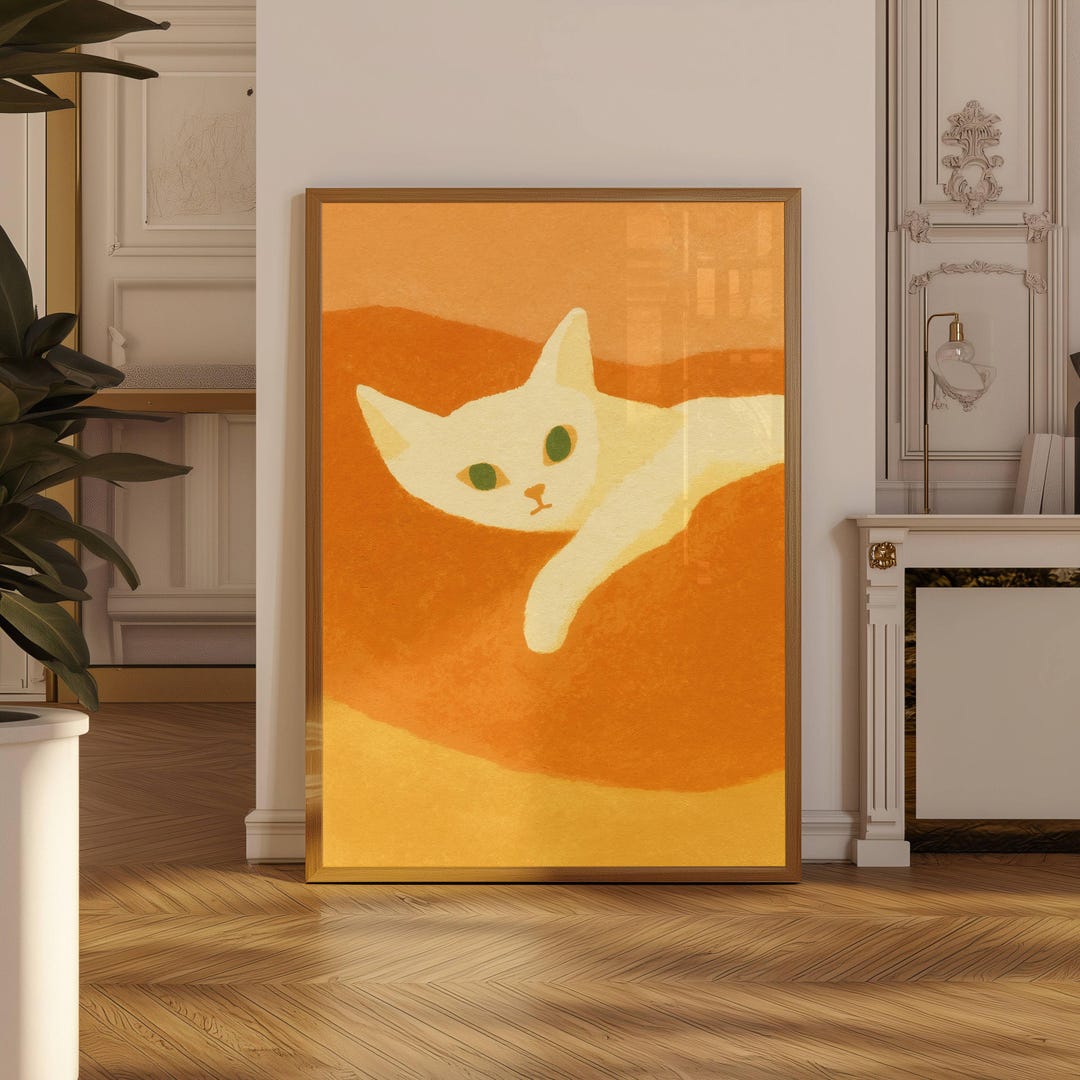 Orange Cat Poster, Minimalist White Kitty Art Print, Cute Modern Wall ...