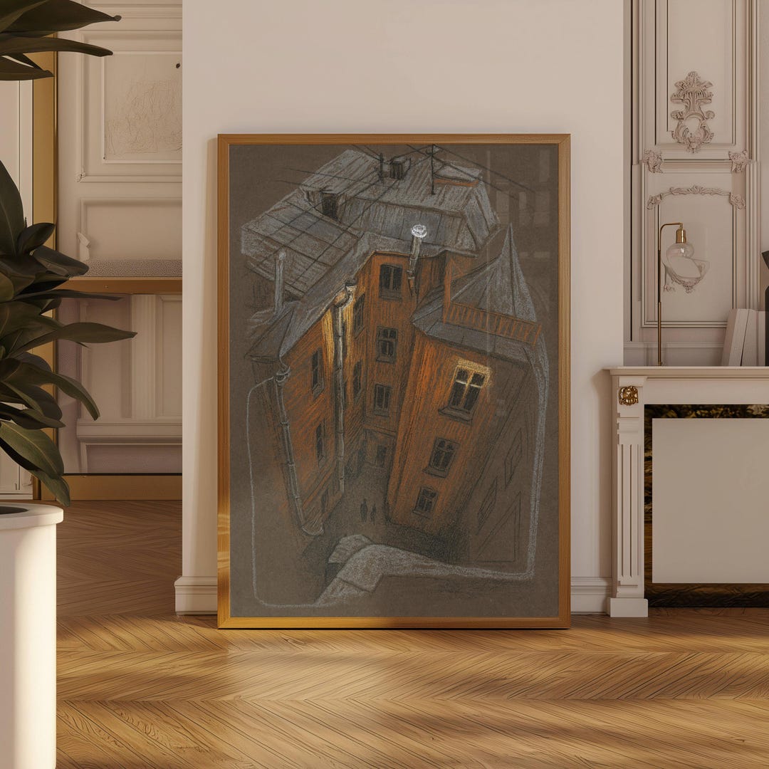 Courtyard Building Poster, Urban Sketch Architectural Art Print, Moody ...