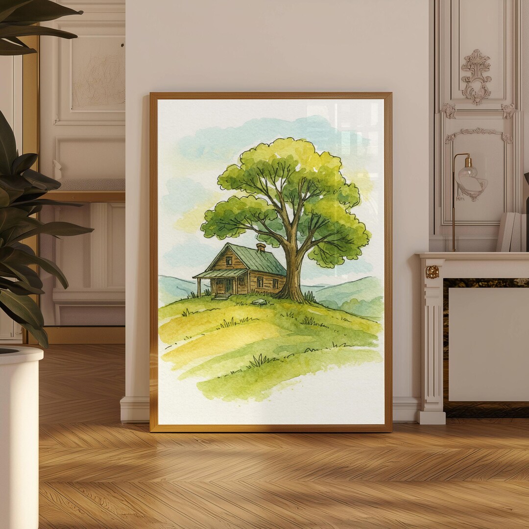 Watercolor Cabin Poster, Cottage Landscape Wall Art Print, Rustic ...