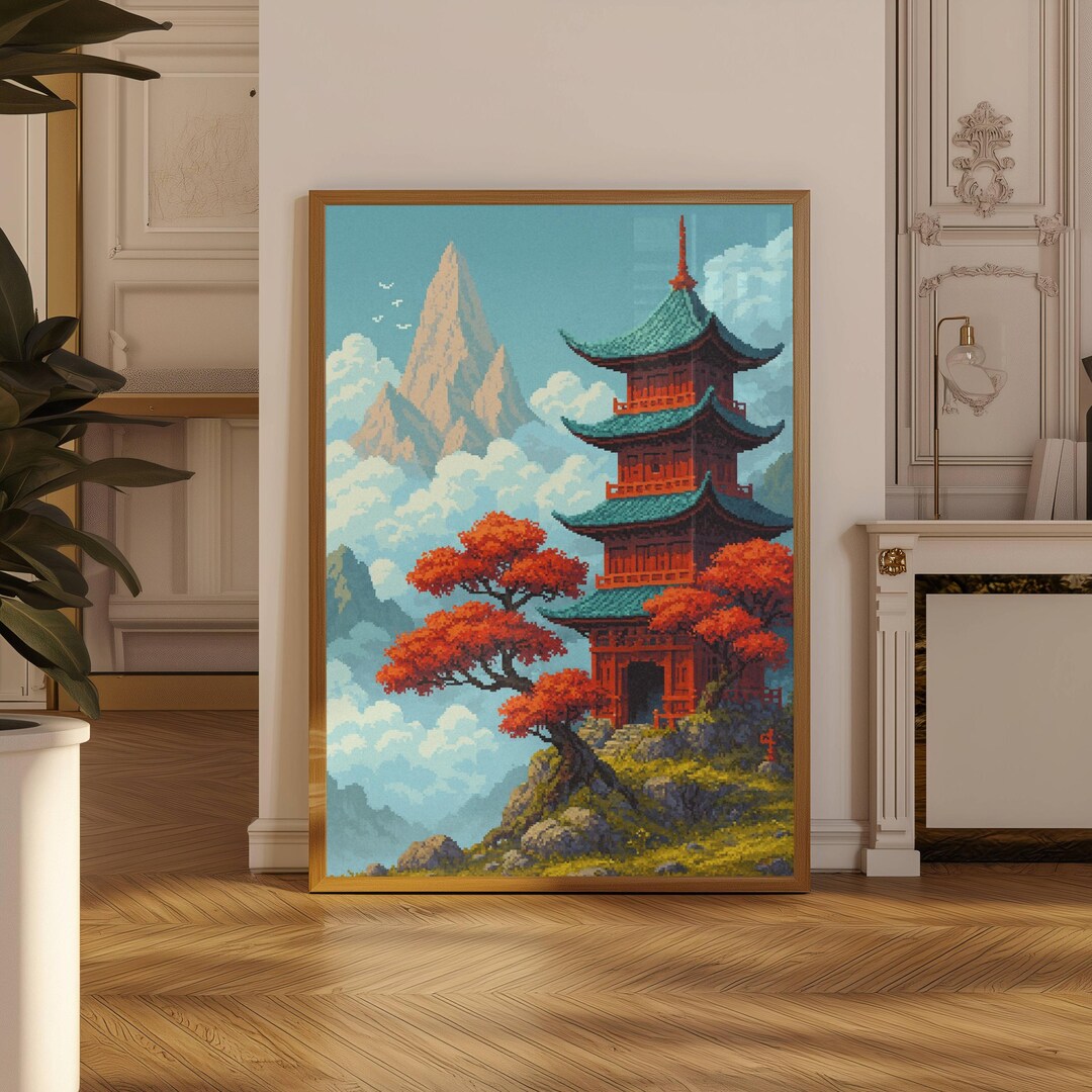 Pixel Art Pagoda Poster, Japanese Temple Mountain Landscape Print ...