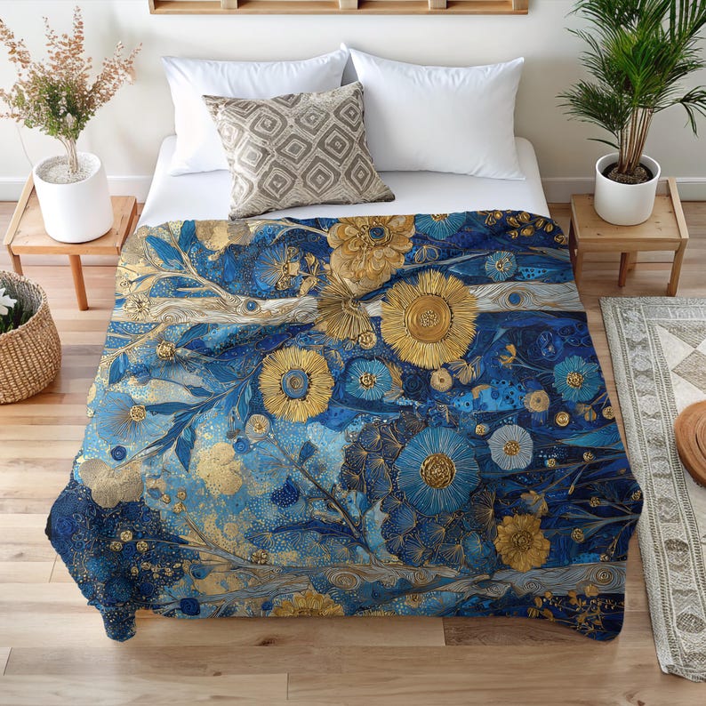 Maximalist Botanical Throw, Artistic Cozy Home Decor, Blue Gold Floral ...