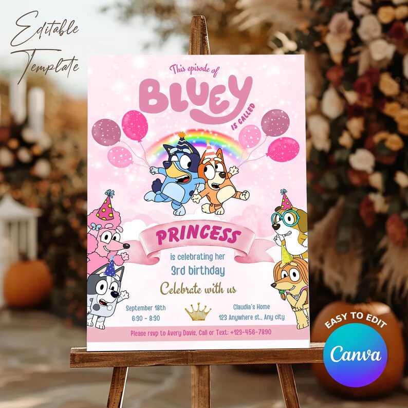Bluey Happy Birthday Invitation Template, Bluey Girl Party Digital ...