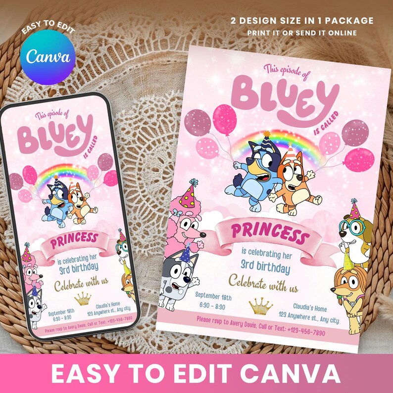 Bluey Happy Birthday Invitation Template, Bluey Girl Party Digital ...