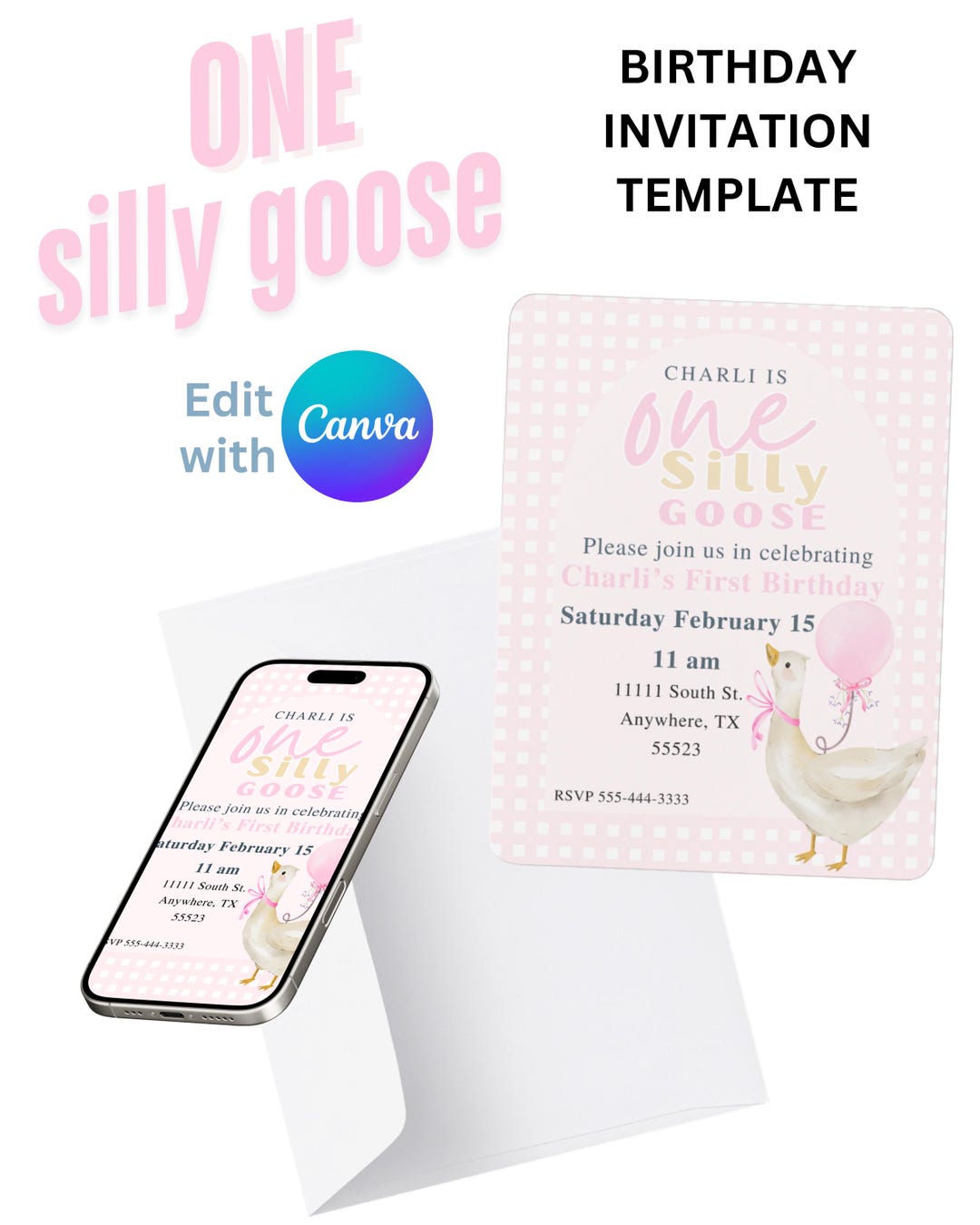 One Silly Goose Birthday Invitation | First Birthday Invite | Editable ...