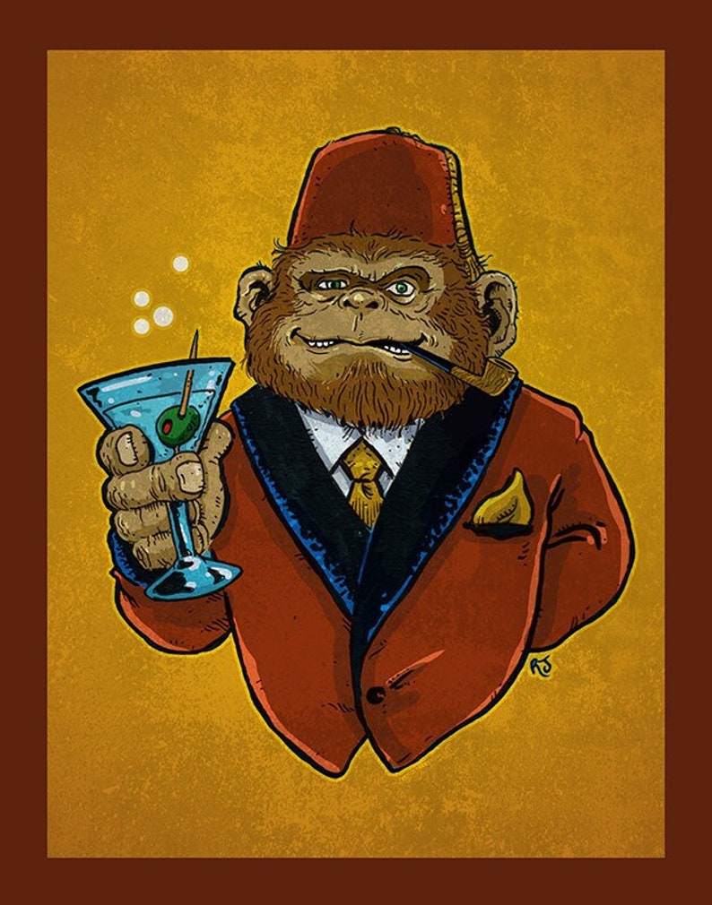 Martini Chimp in Smoking Jacket Tiki Bar Chimp Cocktail Ape Fez Print ...