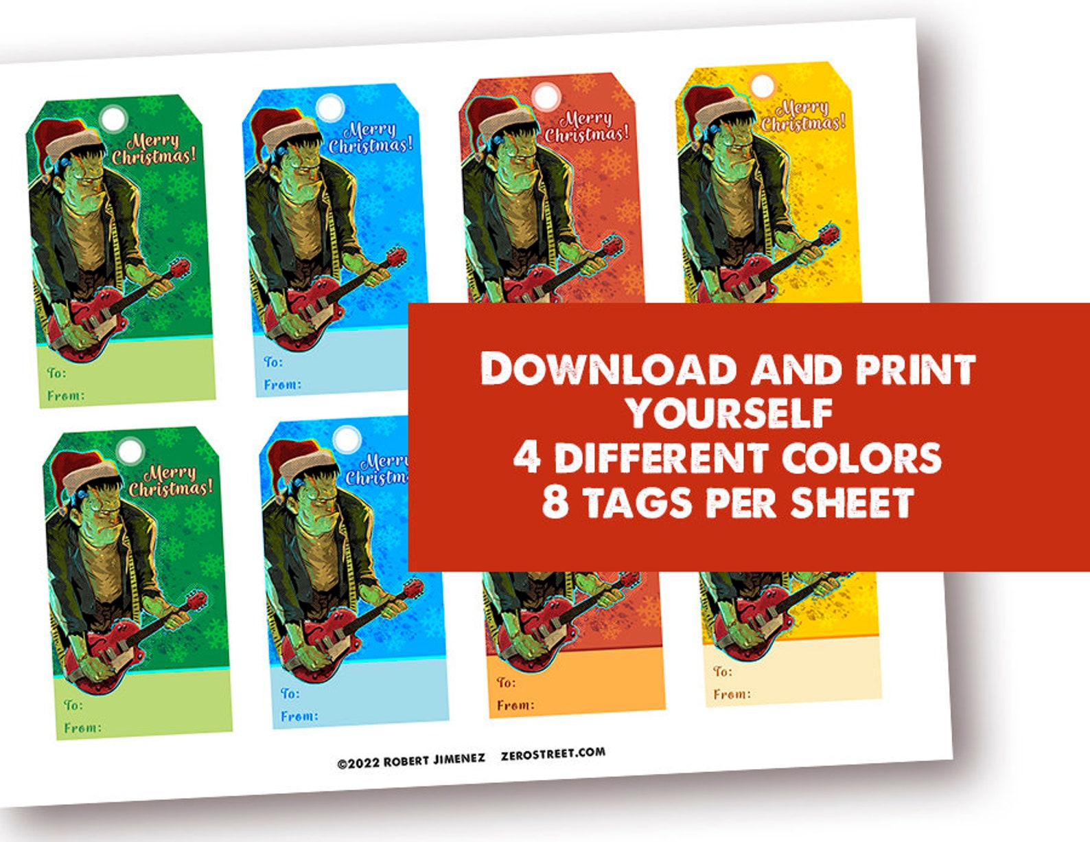 Digital Printable Frankenstein Monster Guitar Christmas Gift Tags ...