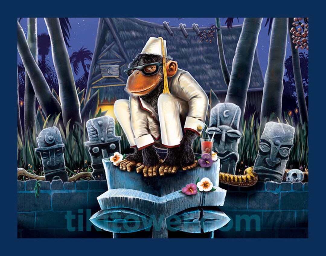 Cosmo at the Moon Palace Tiki Bar Chimp Cocktail Drunk Ape Print - Etsy