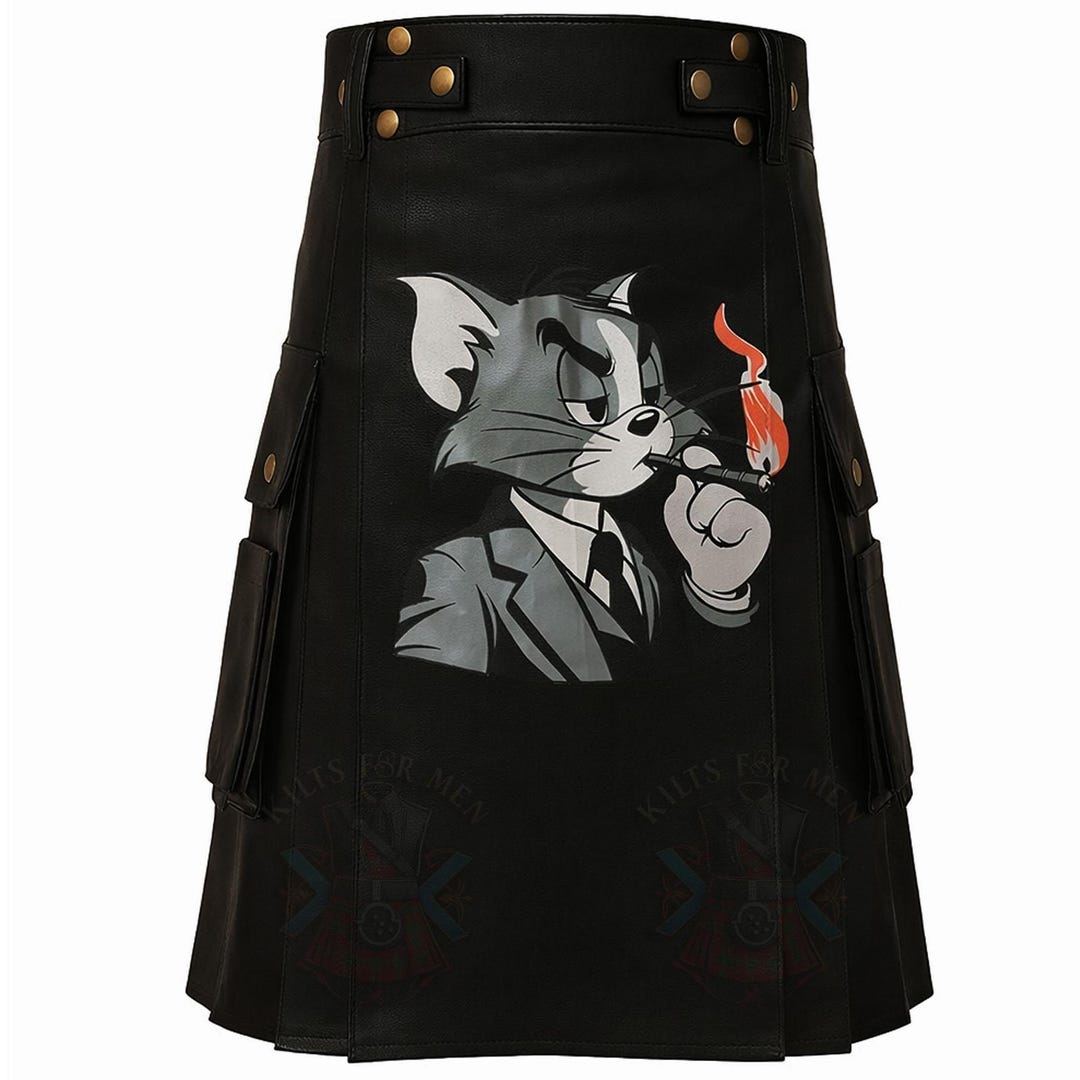 Custom Graphic Black Leather Kilt – Modern Fashion Street Utility Kilt ...