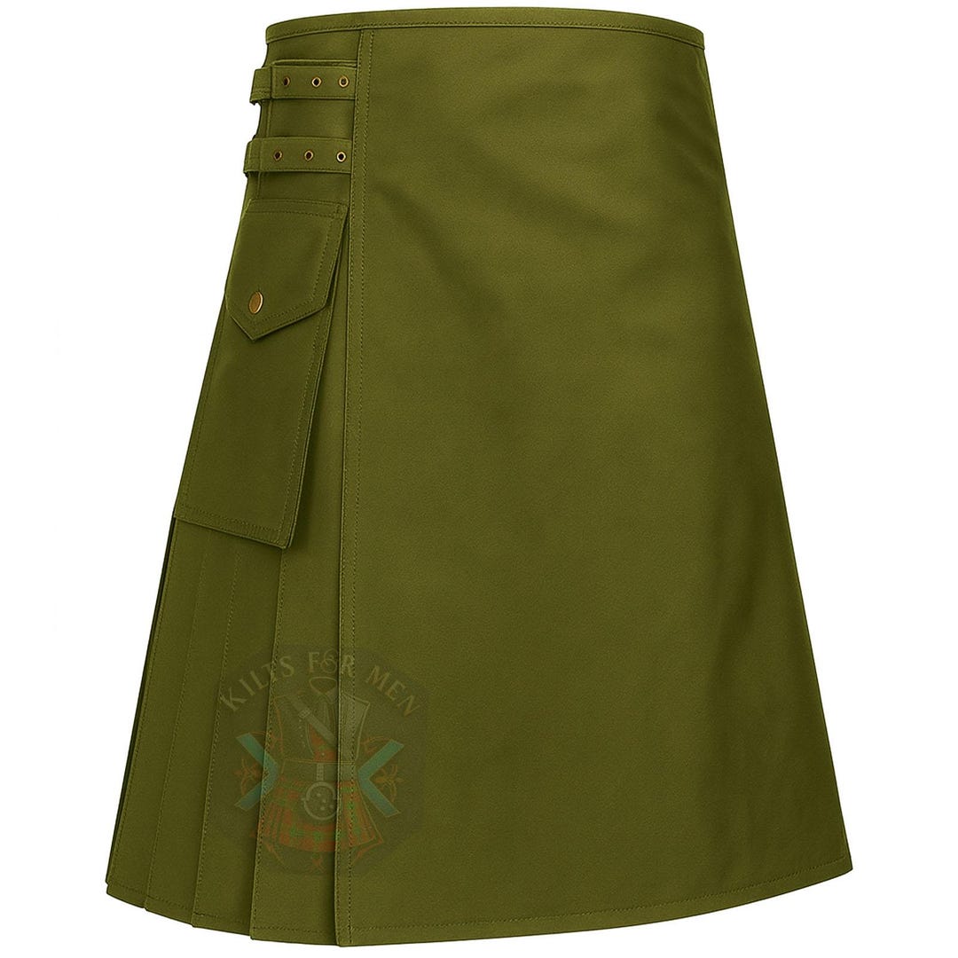 Solid Olive Green Cotton Utility Kilt: Heritage Modern 4 Straps Closer ...