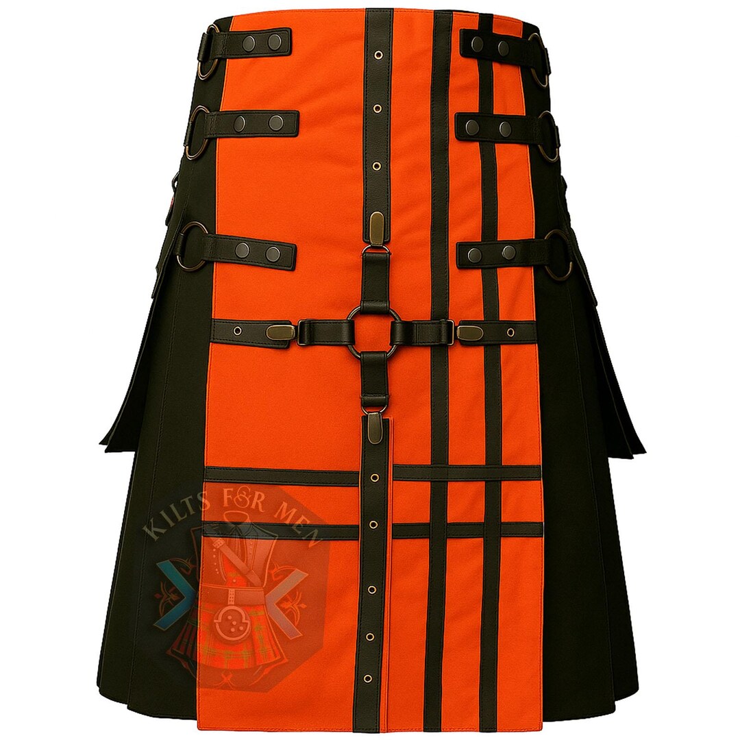 Orange & Black Gothic Utility Kilt 7 Rings Style Fashion Highlander ...