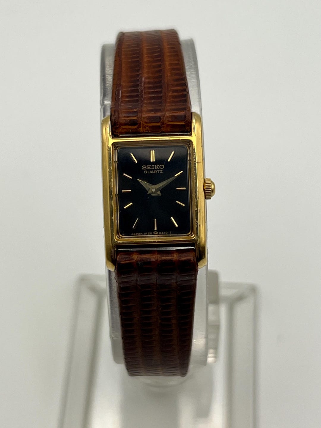 Vintage Seiko Tank Watch Women 14mm Black Dial Gold Tone Rectangle 1F20 ...