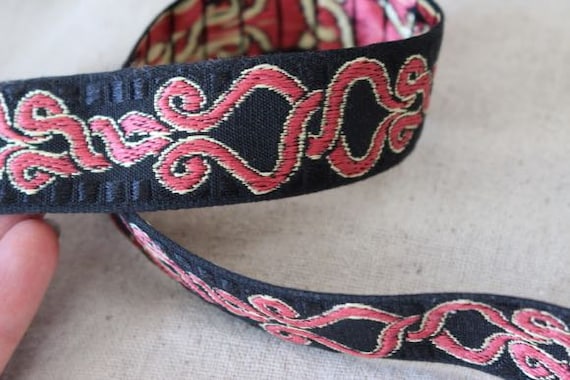 Twist Loop Jacquard Ribbon in BERRY Red and GOLD on Black | Etsy