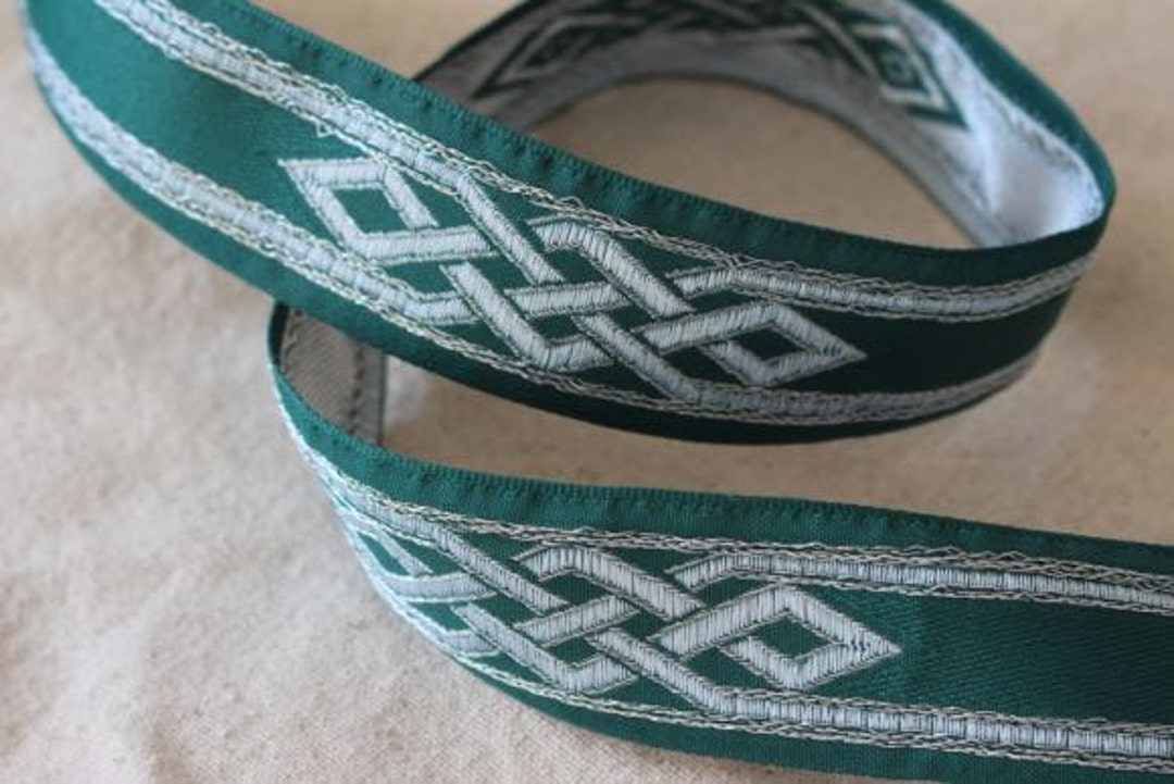 Celtic Dragon Jacquard Ribbon Trim in Light BLUE and SILVER on Forest ...