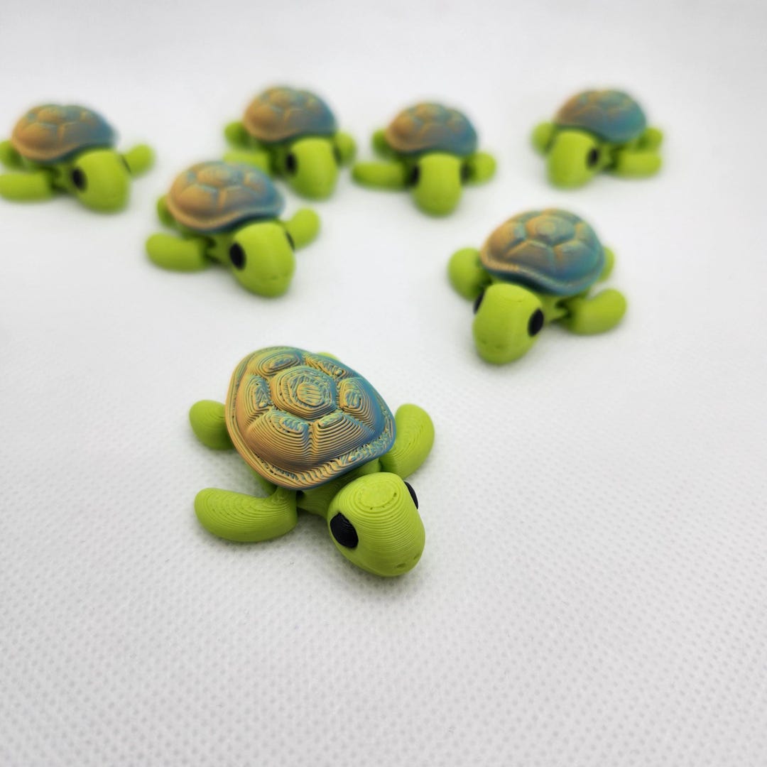 7 Green Mini Turtles With Tricolored Shell, Articulated, Rainbow, 3D ...
