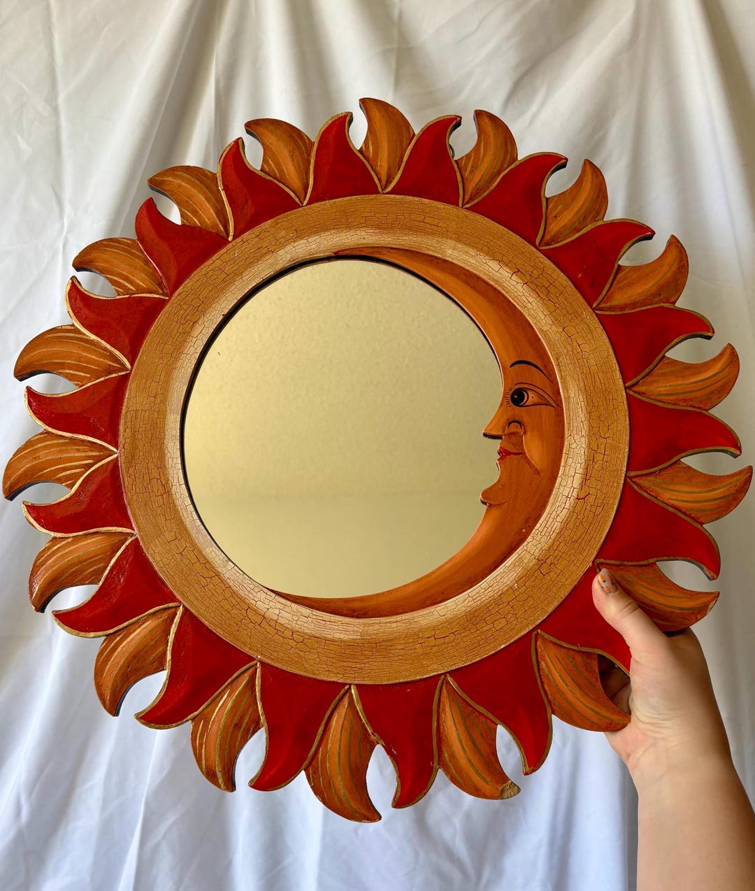 Vintage XL Celestial Sun and Moon Mirror, Red, Orange, Yellow, Gold ...