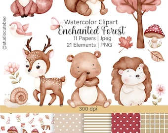 Woodland Animals Watercolor Clipart, Boho Woodland Clipart, Cute Baby ...
