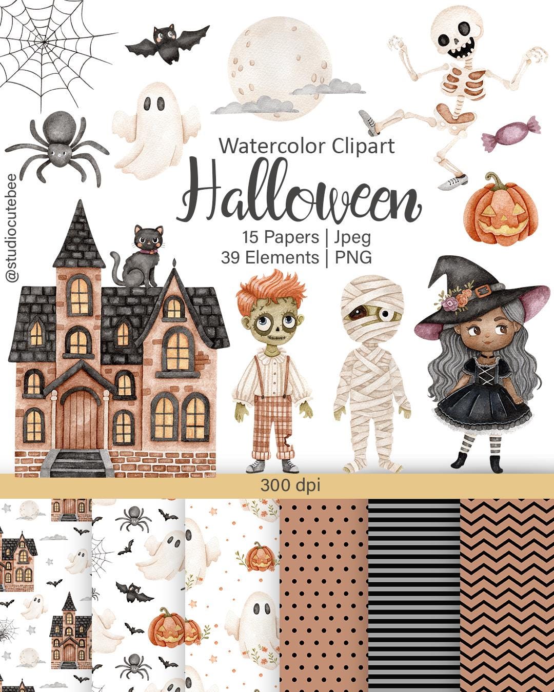Cute Halloween Watercolor Clipart Bundle – Digital Kit for Scrapbook ...