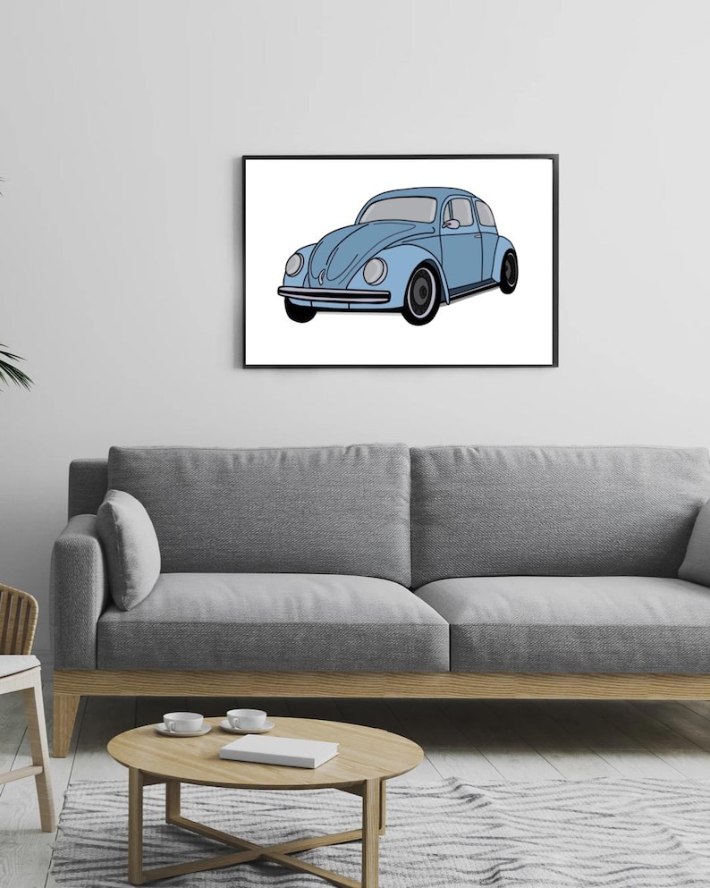 Vintage Classic Volkswagen Beetle Poster Blue Car Wall Art Digital ...