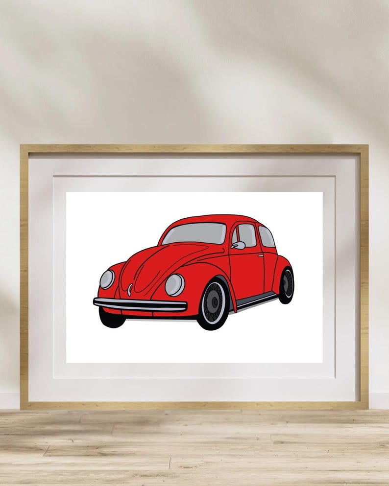 Vintage Classic Volkswagen Beetle Poster Red Car Wall Art Digital ...