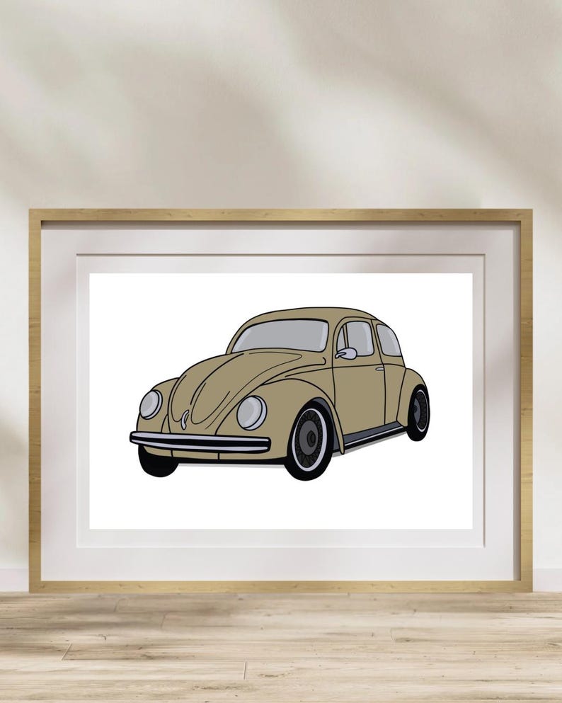 Vintage Classic Volkswagen Beetle Poster Beige Car Wall Art Digital ...