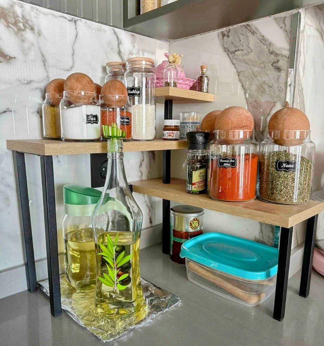 Rustic Wood Metal Kitchen Organizer – Stylish Countertop Storage for ...