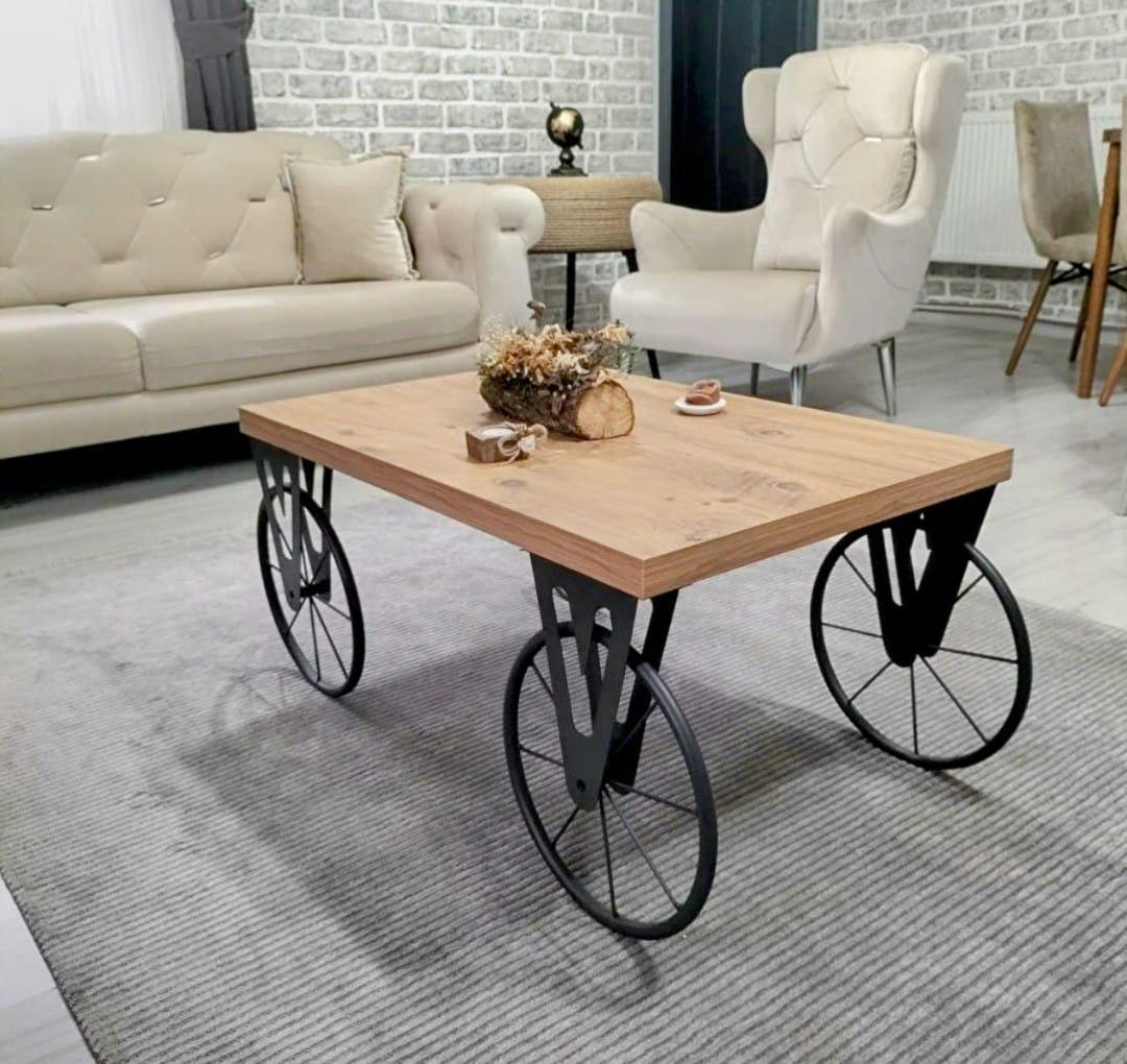 Rustic Metal Coffee Table With Vintage Wheels – Industrial Style ...
