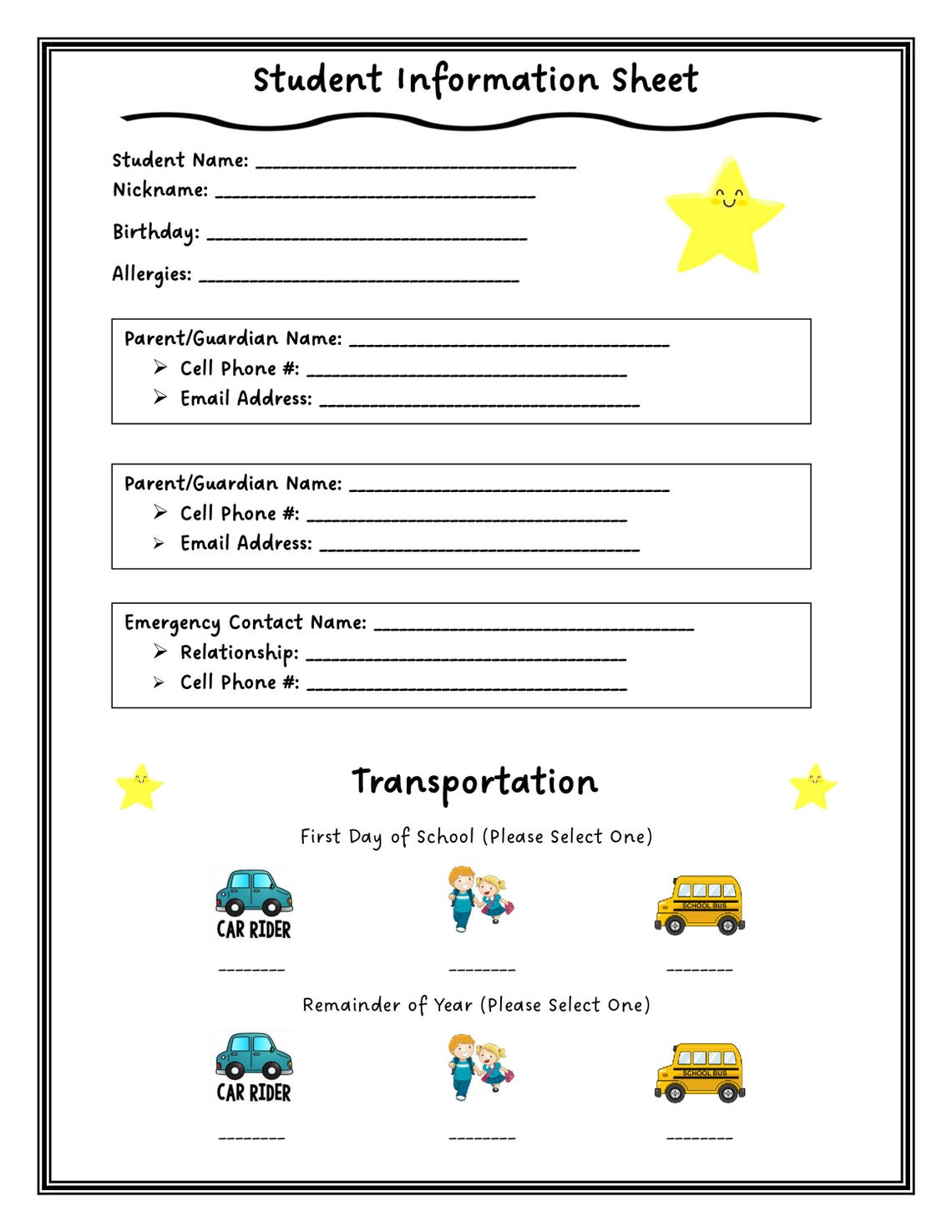 Student Information Sheet, Back to School, Updating Information ...