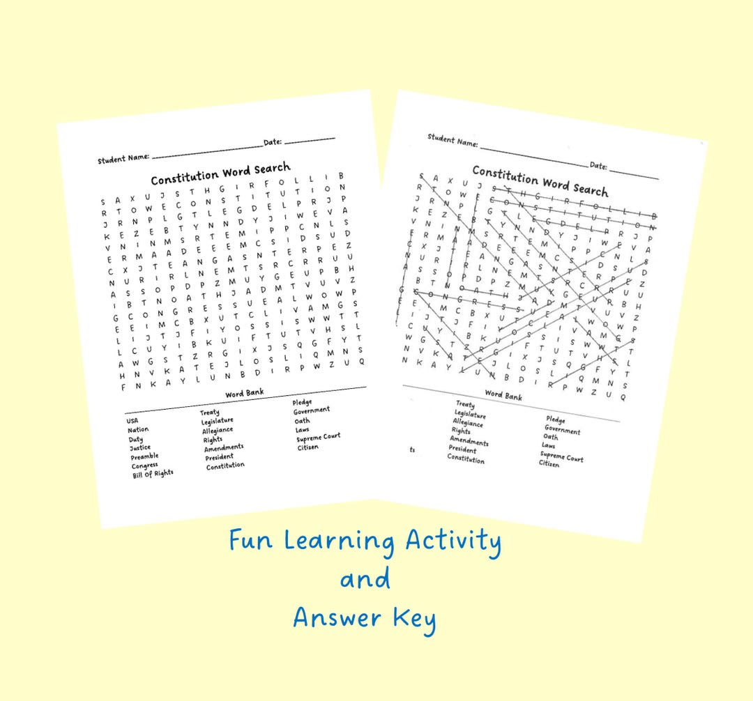 Constitution Word Search and Answer Key, Educational Material, Instant ...